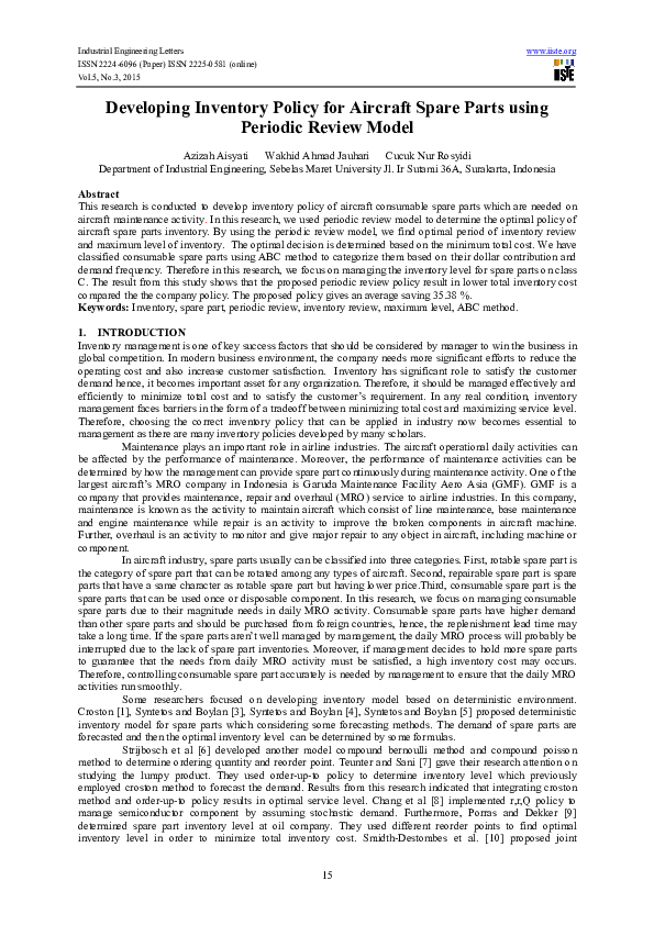 (PDF) Developing Inventory Policy for Aircraft Spare Parts using ...