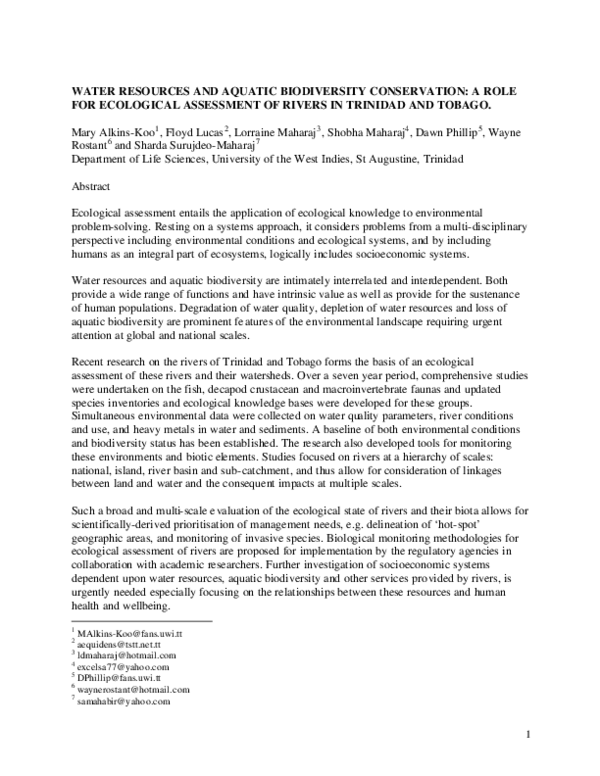 (PDF) Water resources and aquatic biodiversity conservation: a role for ...