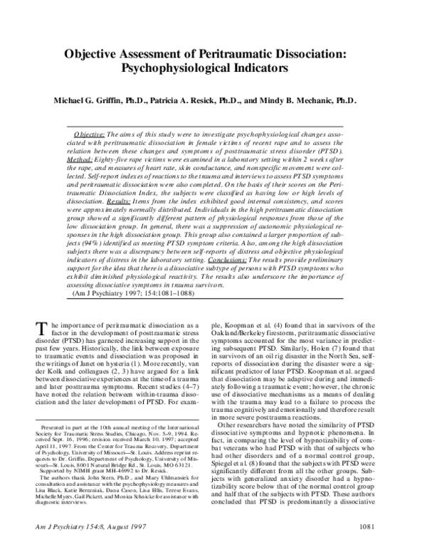 (PDF) Objective assessment of peritraumatic dissociation ...