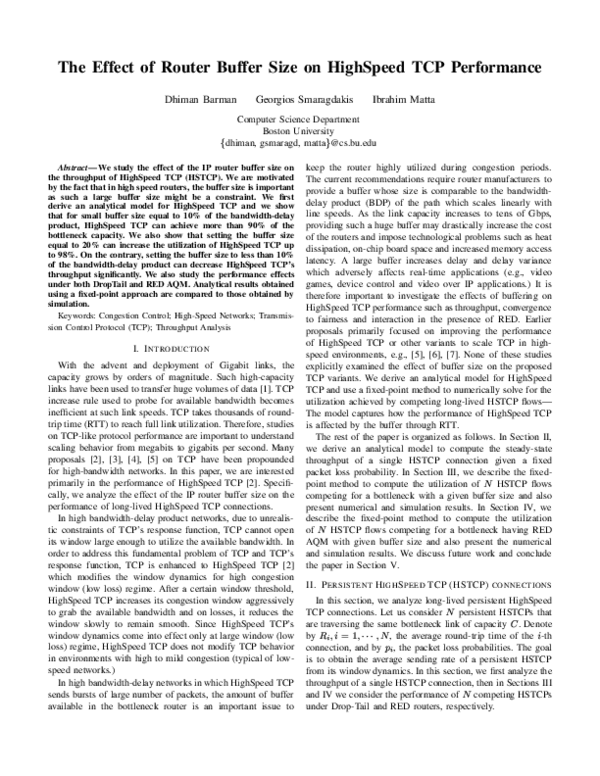 (PDF) The effect of router buffer size on highspeed TCP performance