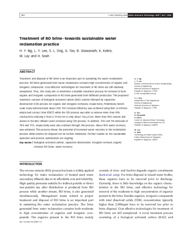 (PDF) Treatment of RO brine–towards sustainable water reclamation practice