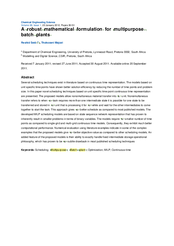 (PDF) A robust mathematical formulation for multipurpose batch plants
