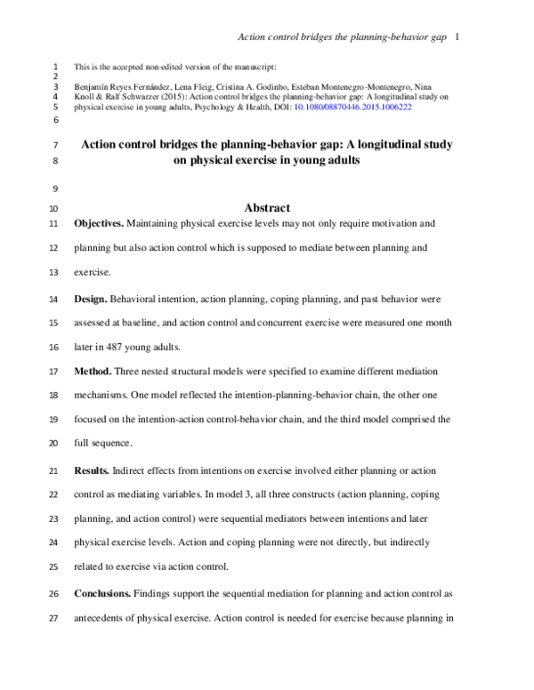 (PDF) Action control bridges the planning-behaviour gap: a longitudinal ...