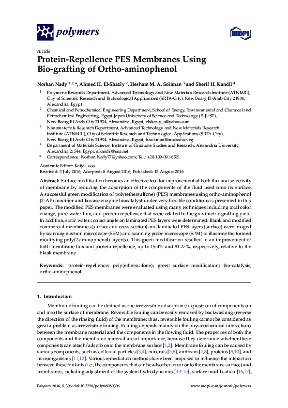 (PDF) Protein-Repellence PES Membranes Using Bio-grafting of Ortho ...