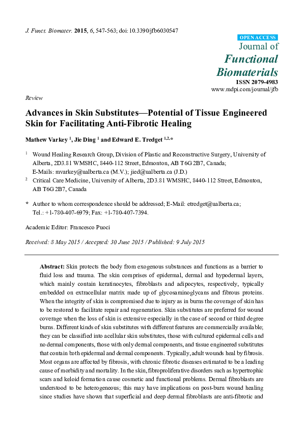 (PDF) Advances in Skin Substitutes—Potential of Tissue Engineered Skin ...