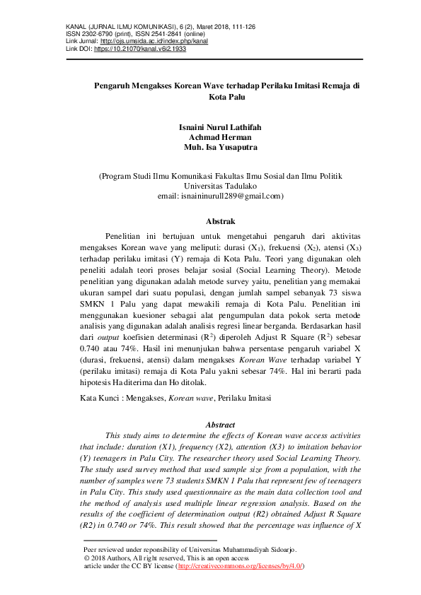(PDF) Pengaruh Mengakses Korean Wave terhadap Perilaku Imitasi Remaja di Kota Palu