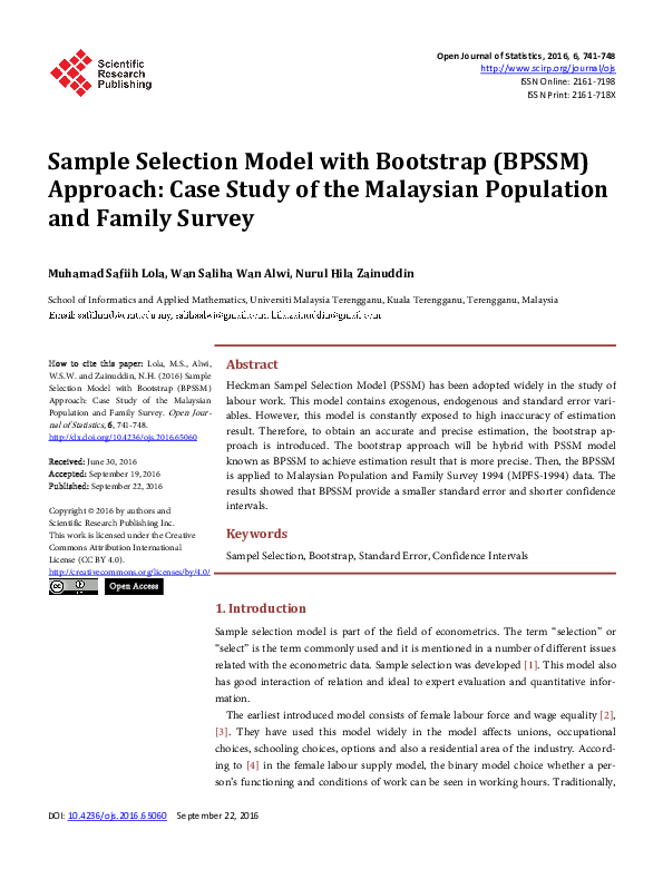 (PDF) Sample Selection Model with Bootstrap (BPSSM) Approach: Case Study of the Malaysian ...
