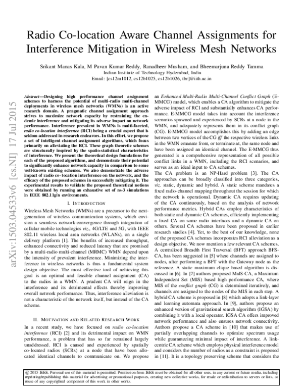 (PDF) Radio co-location aware channel assignments for interference mitigation in wireless mesh ...
