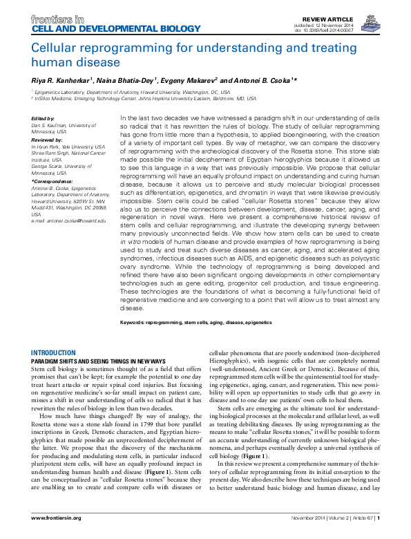 (PDF) Cellular reprogramming for understanding and treating human disease