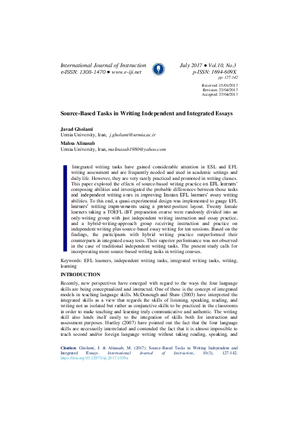 (PDF) Source-Based Tasks in Writing Independent and Integrated Essays