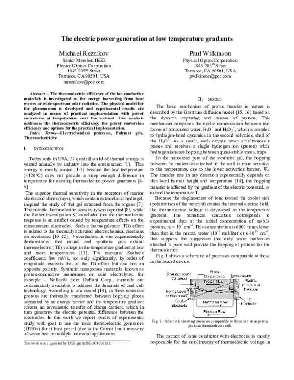 (PDF) The electric power generation at low temperature gradients