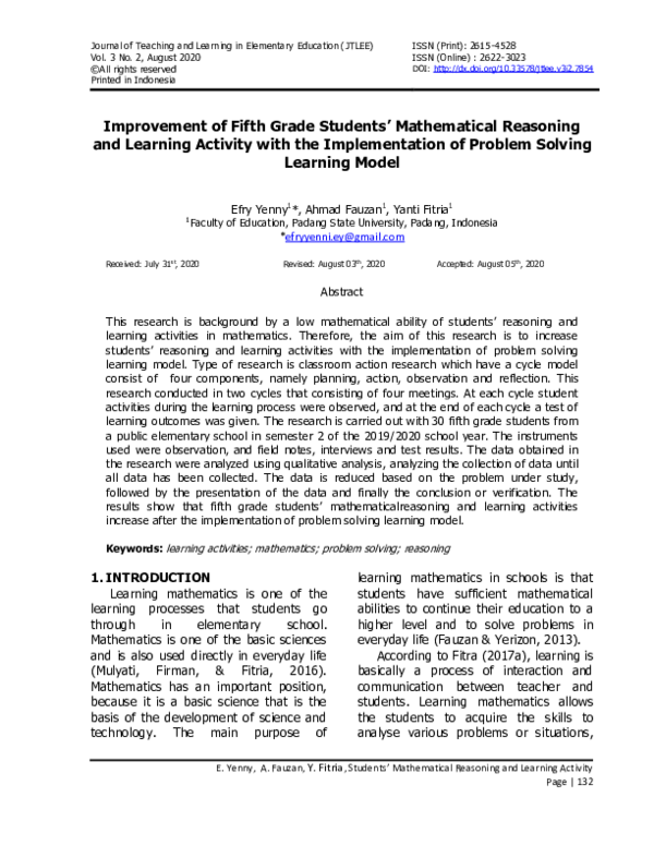 (PDF) Improvement of Fifth Grade Students’ Mathematical Reasoning and Learning Activity with the ...