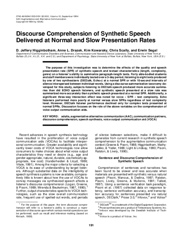 (PDF) Discourse comprehension of synthetic speech delivered at normal ...