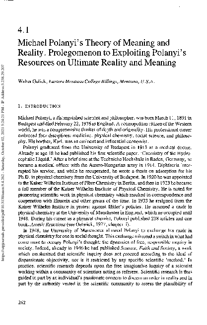 Michael Polanyi’s Theory of Meaning and Reality. Prolegomenon to ...