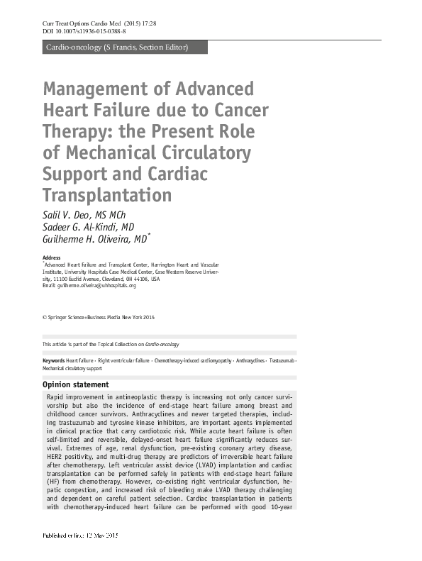 (PDF) Management of Advanced Heart Failure due to Cancer Therapy: the Present Role of Mechanical ...