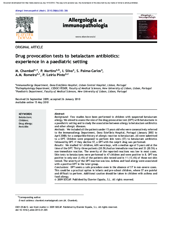 (PDF) Drug provocation tests to betalactam antibiotics: experience in a ...
