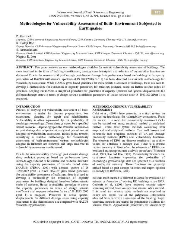 (PDF) Methodologies for Vulnerability Assessment of Built-Environment Subjected to Earthquakes