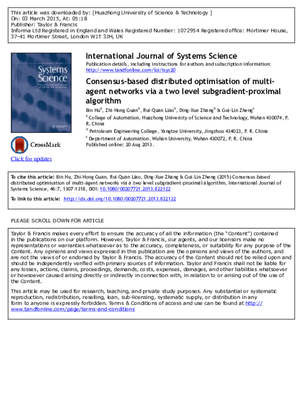 Pdf Consensus Based Distributed Optimisation Of Multi Agent Networks Via A Two Level