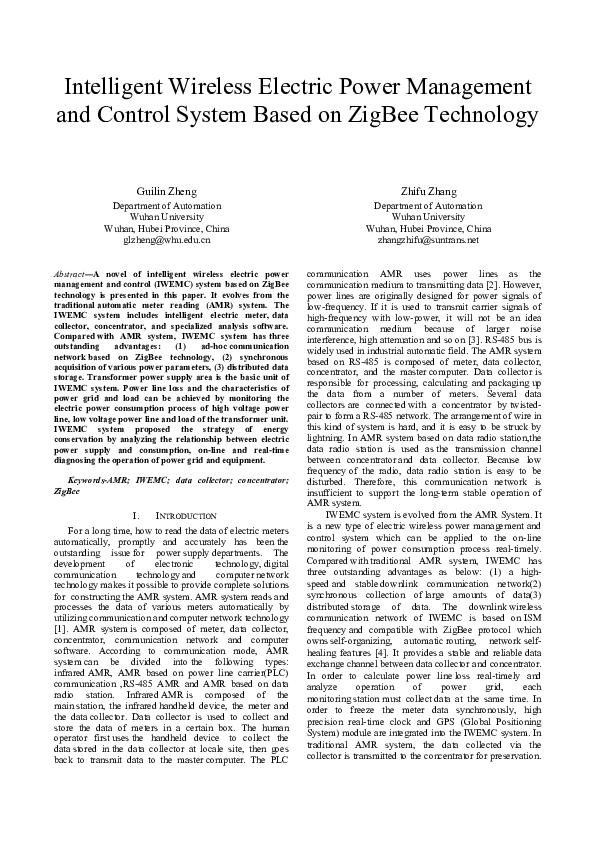 (PDF) Intelligent wireless electric power management and control system based on ZigBee technology
