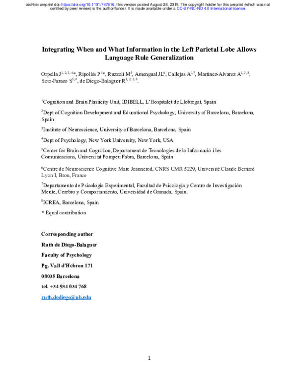 (PDF) Integrating When and What Information in the Left Parietal Lobe Allows Language Rule ...