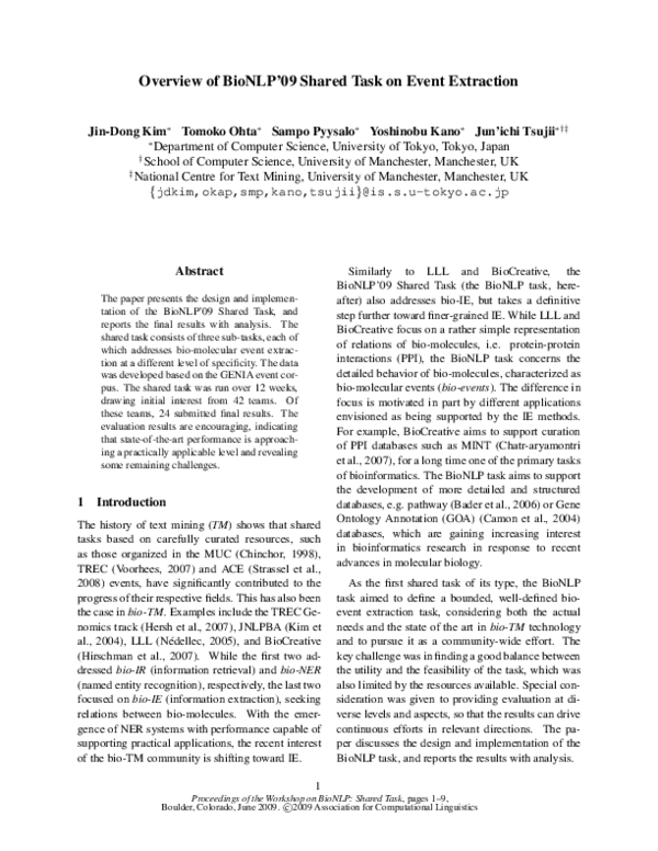 (PDF) Overview of BioNLP'09 shared task on event extraction