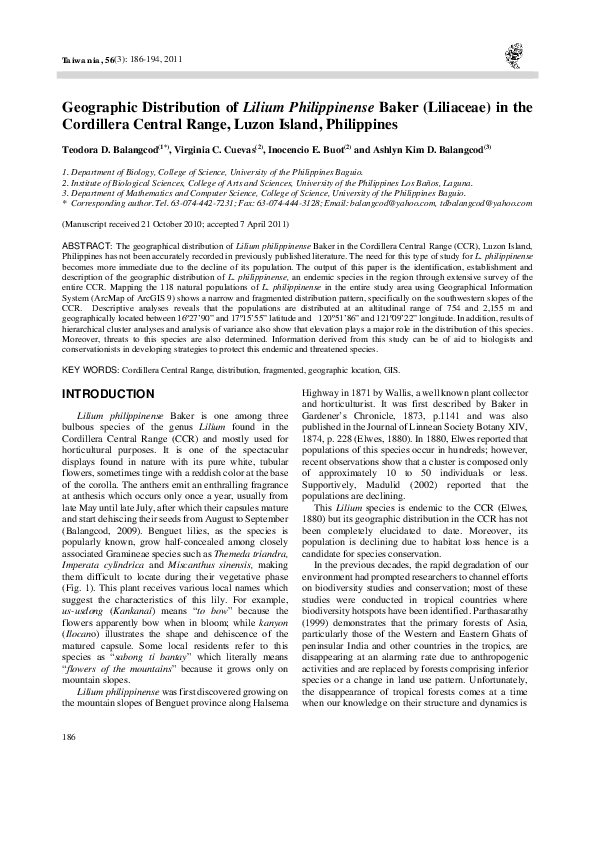(PDF) Geographic Distribution of Lilium Philippinense Baker (Liliaceae ...