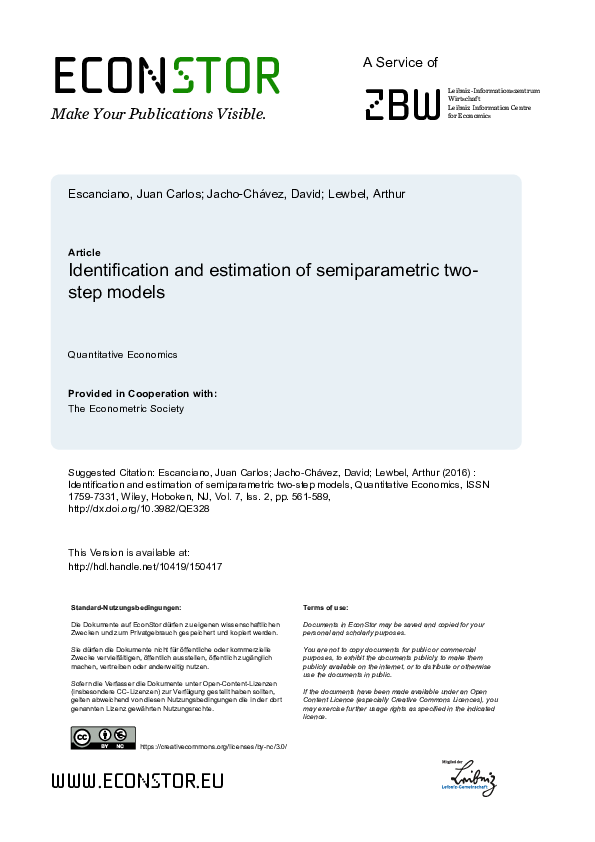 (PDF) Identification and estimation of semiparametric two-step models