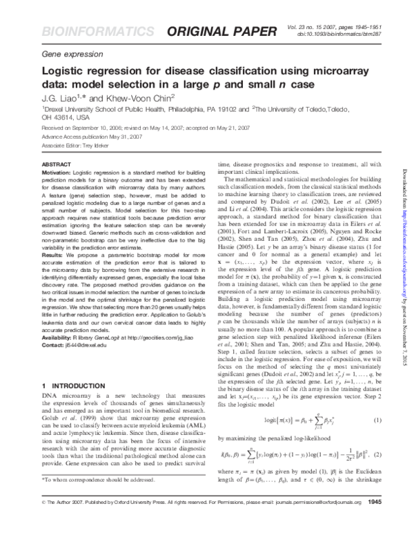 Pdf Logistic Regression For Disease Classification Using Microarray Data Model Selection In A