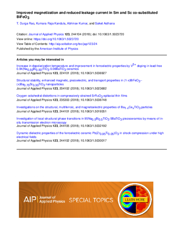 (PDF) Improved magnetization and reduced leakage current in Sm and Sc co-substituted BiFeO3