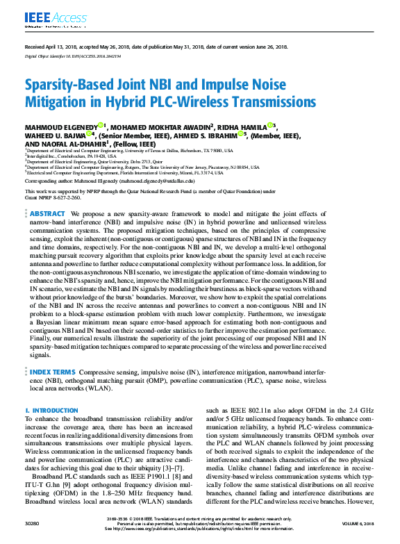 (PDF) Sparsity-Based Joint NBI and Impulse Noise Mitigation in Hybrid PLC-Wireless Transmissions
