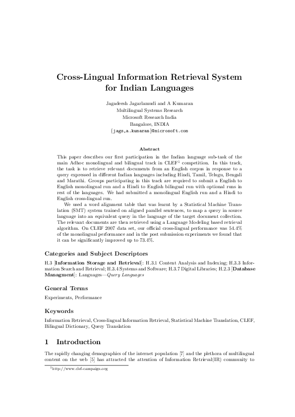 (PDF) Cross-Lingual Information Retrieval System for Indian Languages