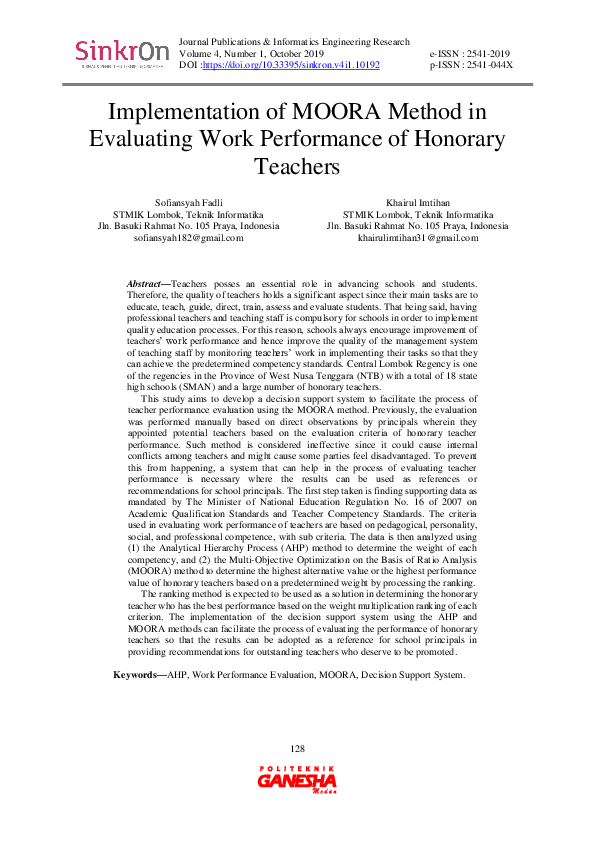 (PDF) Implementation of MOORA Method in Evaluating Work Performance of Honorary Teachers
