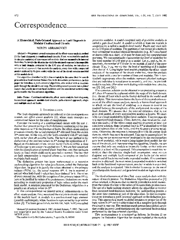 Pdf A Hierarchical Path Oriented Approach To Fault Diagnosis In Modular Combinational Circuits