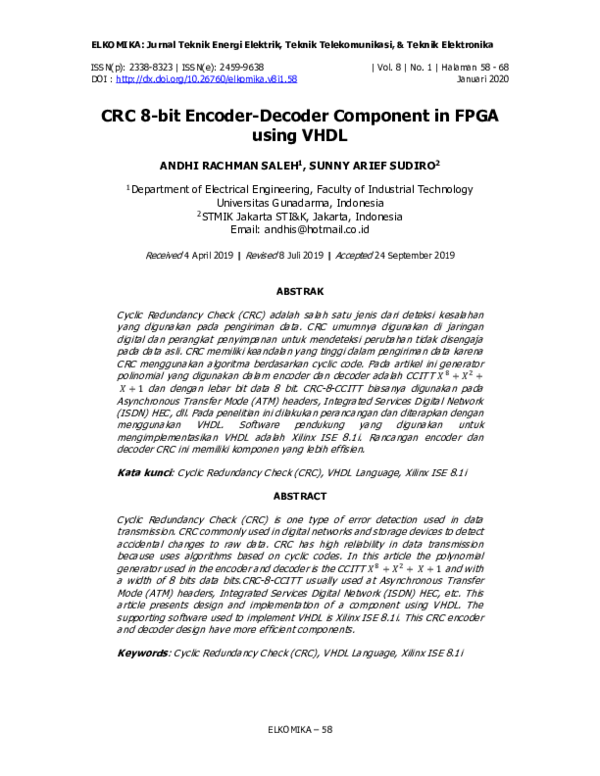 Crc 8 Bit Encoder Decoder Component In Fpga Using Vhdl 0458