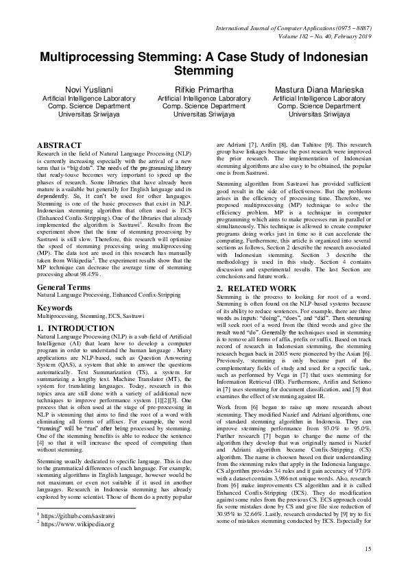 Pdf Optimizing Indonesian Stemming With Multiprocessing Techniques
