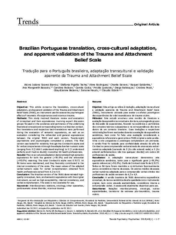 (PDF) Brazilian Portuguese translation, cross-cultural adaptation, and apparent validation of ...