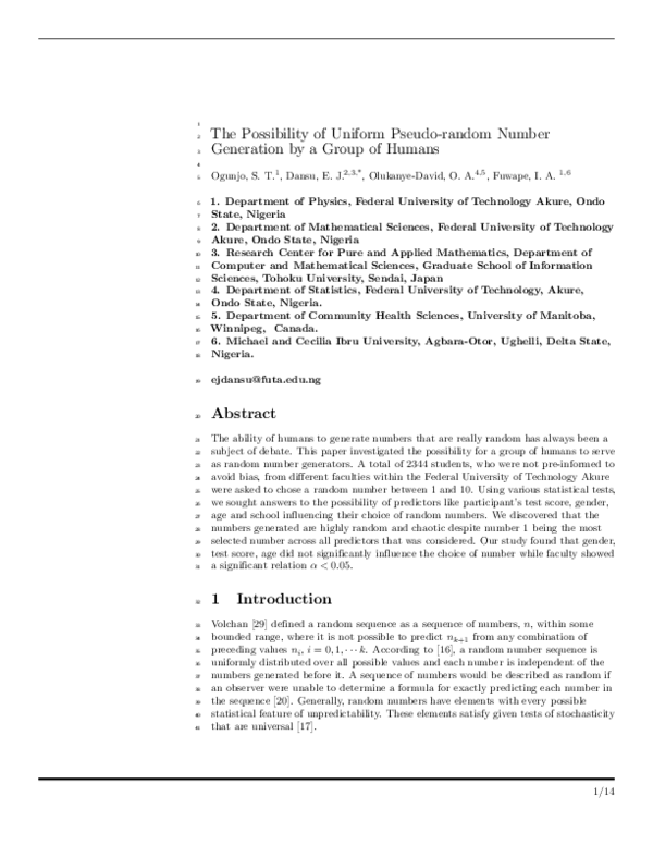 (PDF) The Possibility of Uniform Pseudo-random Number Generation by a Group of Humans