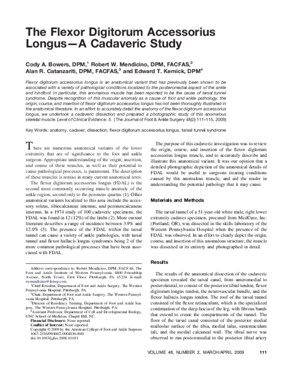(PDF) The Flexor Digitorum Accessorius Longus—A Cadaveric Study