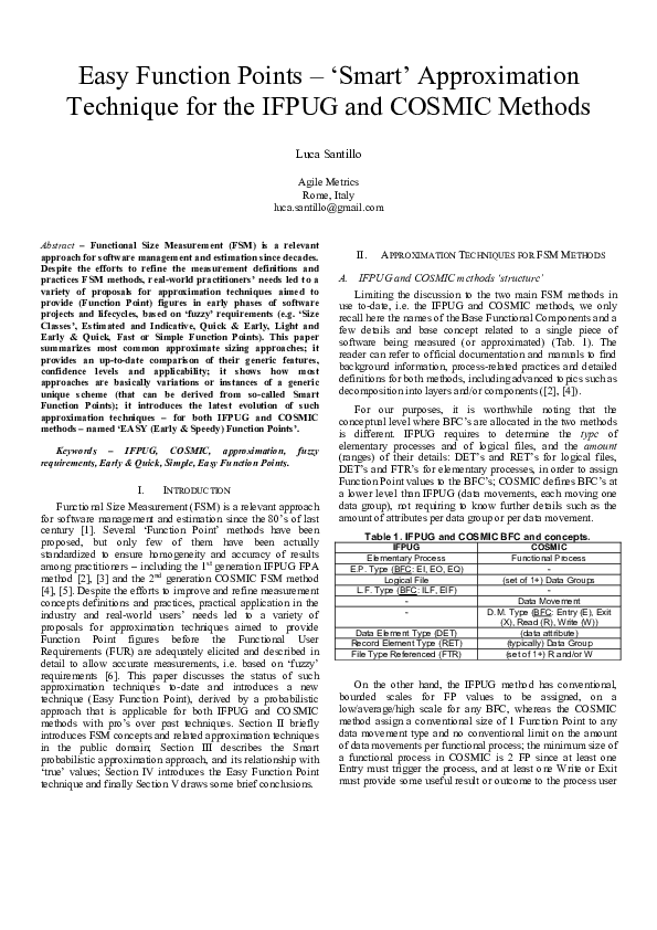 (PDF) Easy Function Points -- 'Smart' Approximation Technique for the IFPUG and COSMIC Methods