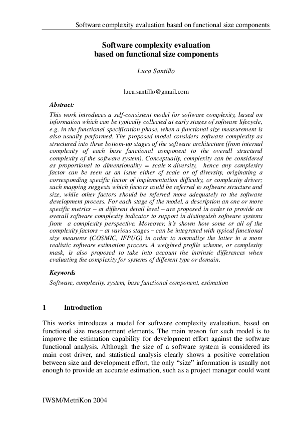 Pdf Software Complexity Evaluation Based On Functional Size Components