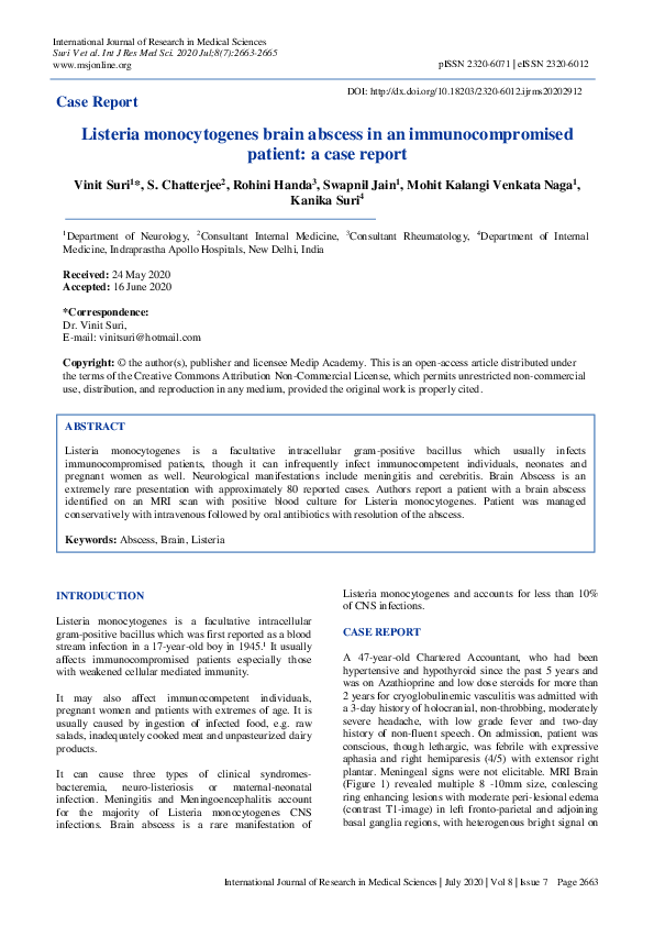 (PDF) Listeria monocytogenes brain abscess in an immunocompromised ...