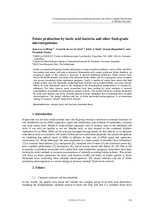 (PDF) Folate production by lactic acid bacteria and other food-grade ...