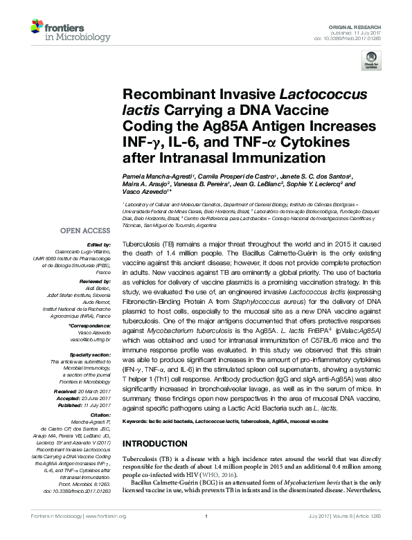 (PDF) Recombinant Invasive Lactococcus lactis Carrying a DNA Vaccine Coding the Ag85A Antigen ...