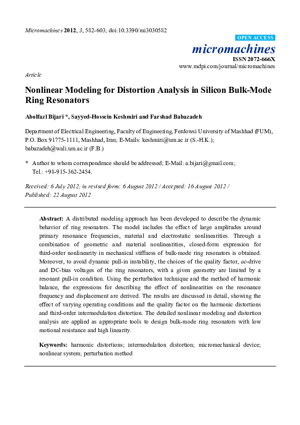 Pdf Nonlinear Modeling For Distortion Analysis In Silicon Bulk Mode Ring Resonators