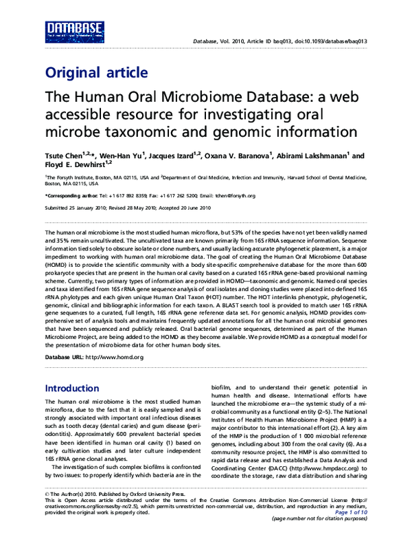 (PDF) The Human Oral Microbiome Database: a web accessible resource for ...
