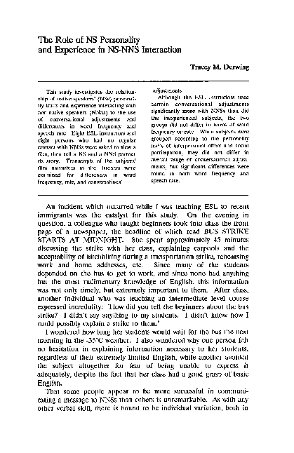 (PDF) The Role of NS Personality and Experience in NS-NNS Interaction