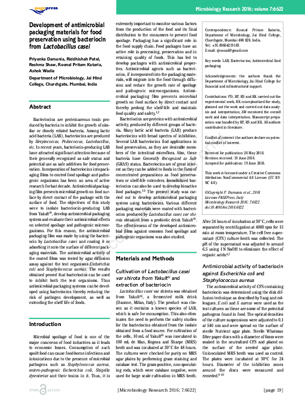 (PDF) Development of antimicrobial packaging materials for food preservation using bacteriocin ...