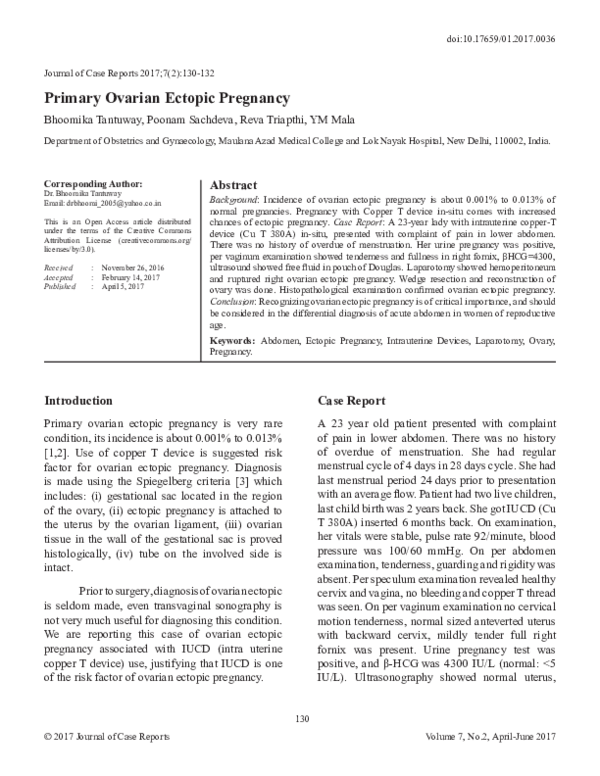 (PDF) Successful management of a patient with ovarian ectopic pregnancy by the end of the first ...