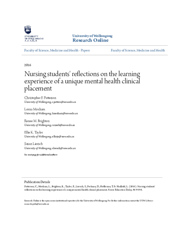 (PDF) Nursing students' reflections on the learning experience of a ...