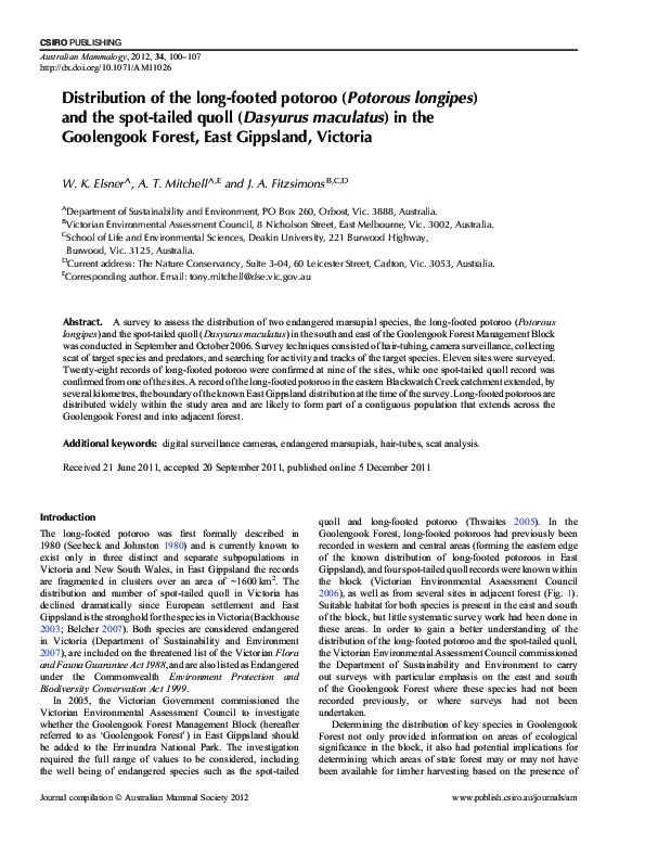 (PDF) Distribution of the long-footed potoroo (Potorous longipes) and ...
